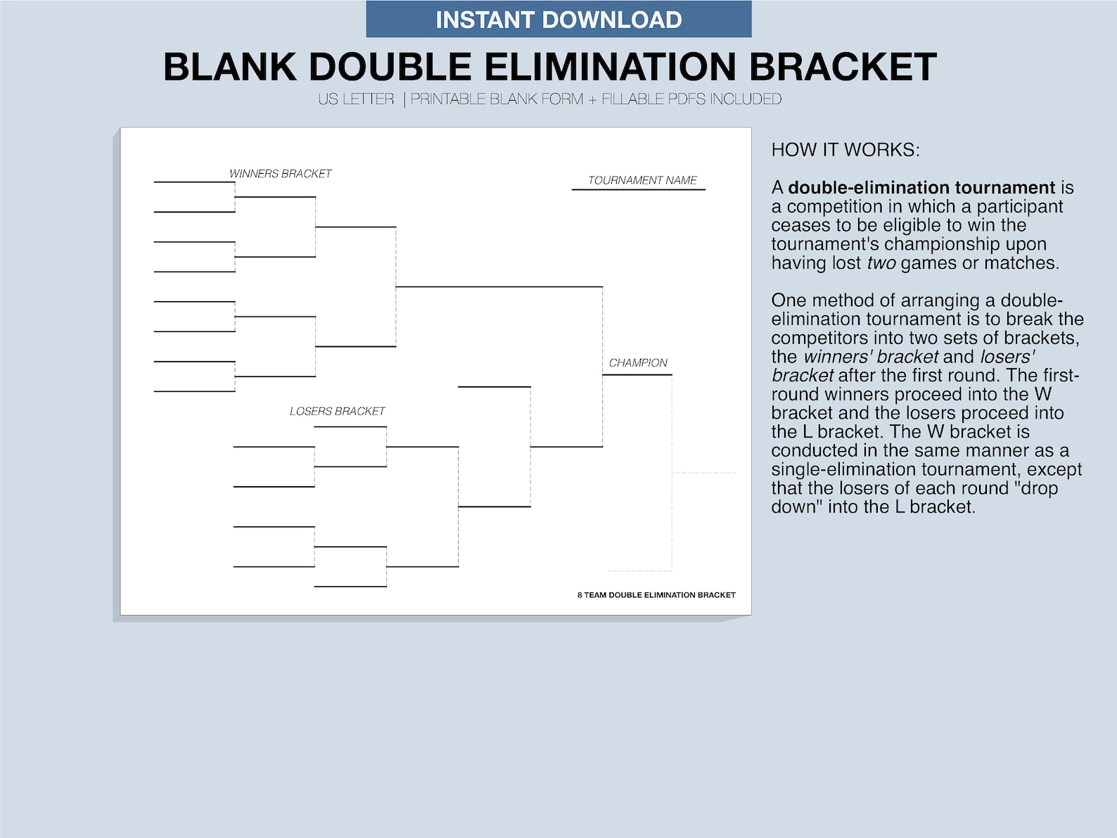 Blank Tournament Bracket, Printable, Fillable PDF, Double Elimination ...