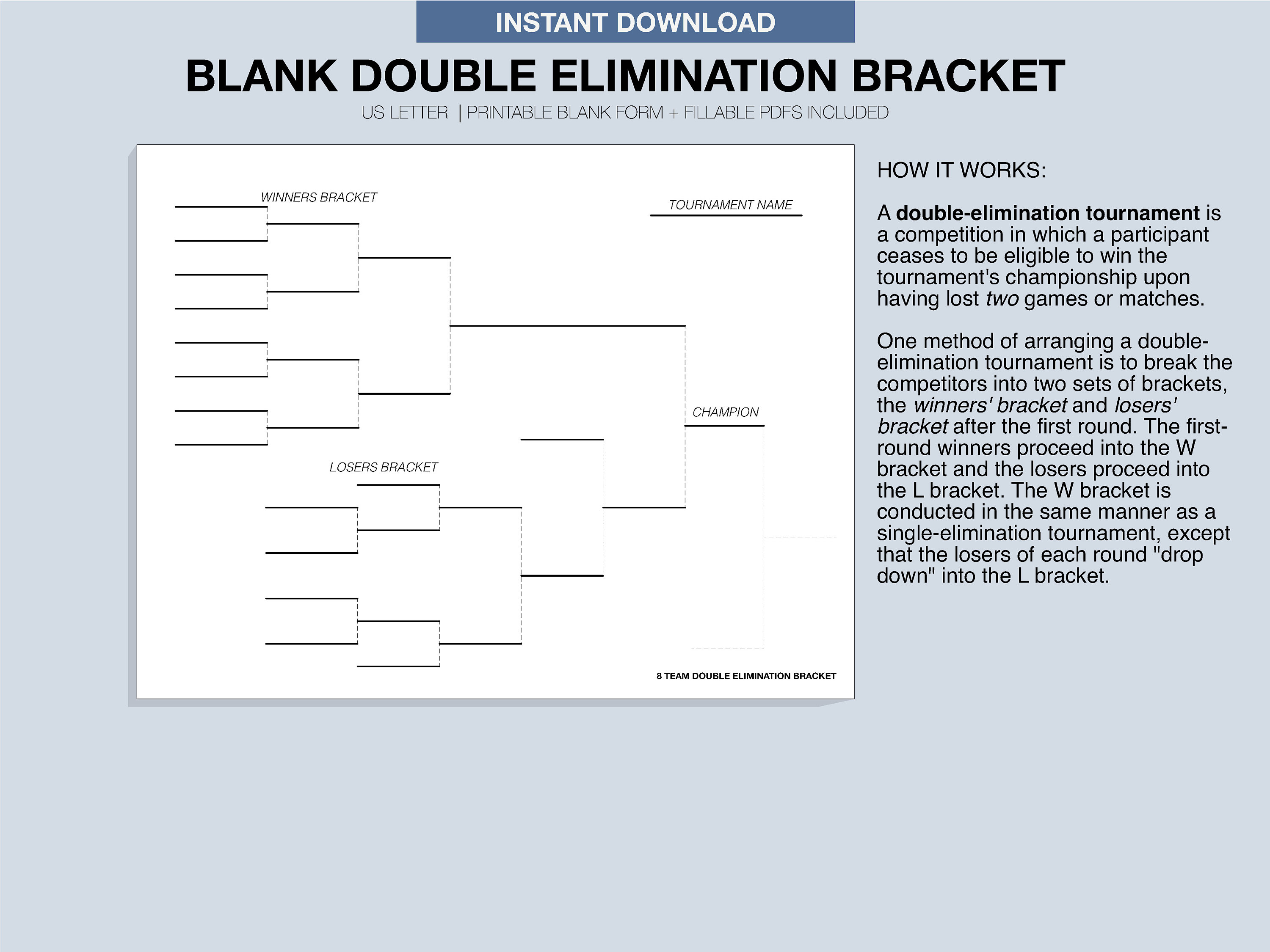 Blank Tournament Bracket, Printable, Fillable PDF, Double Elimination ...