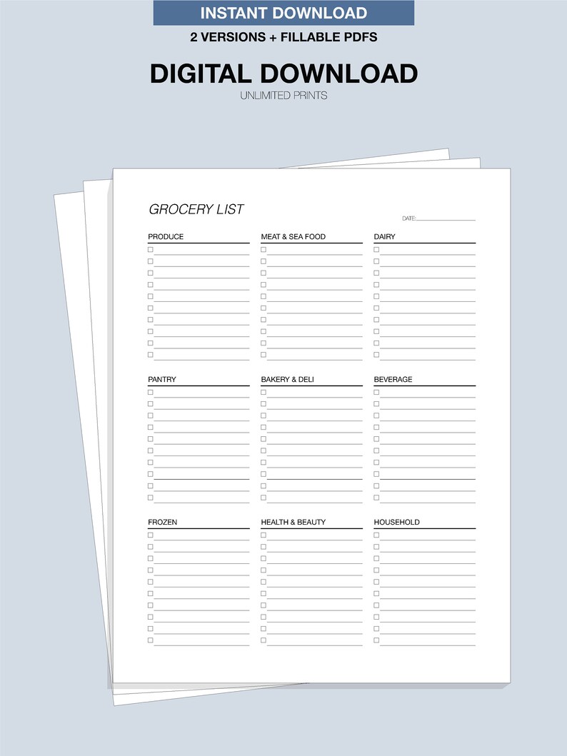 Grocery List Printable + Fillable Template, Grocery Planner, A4 and US ...