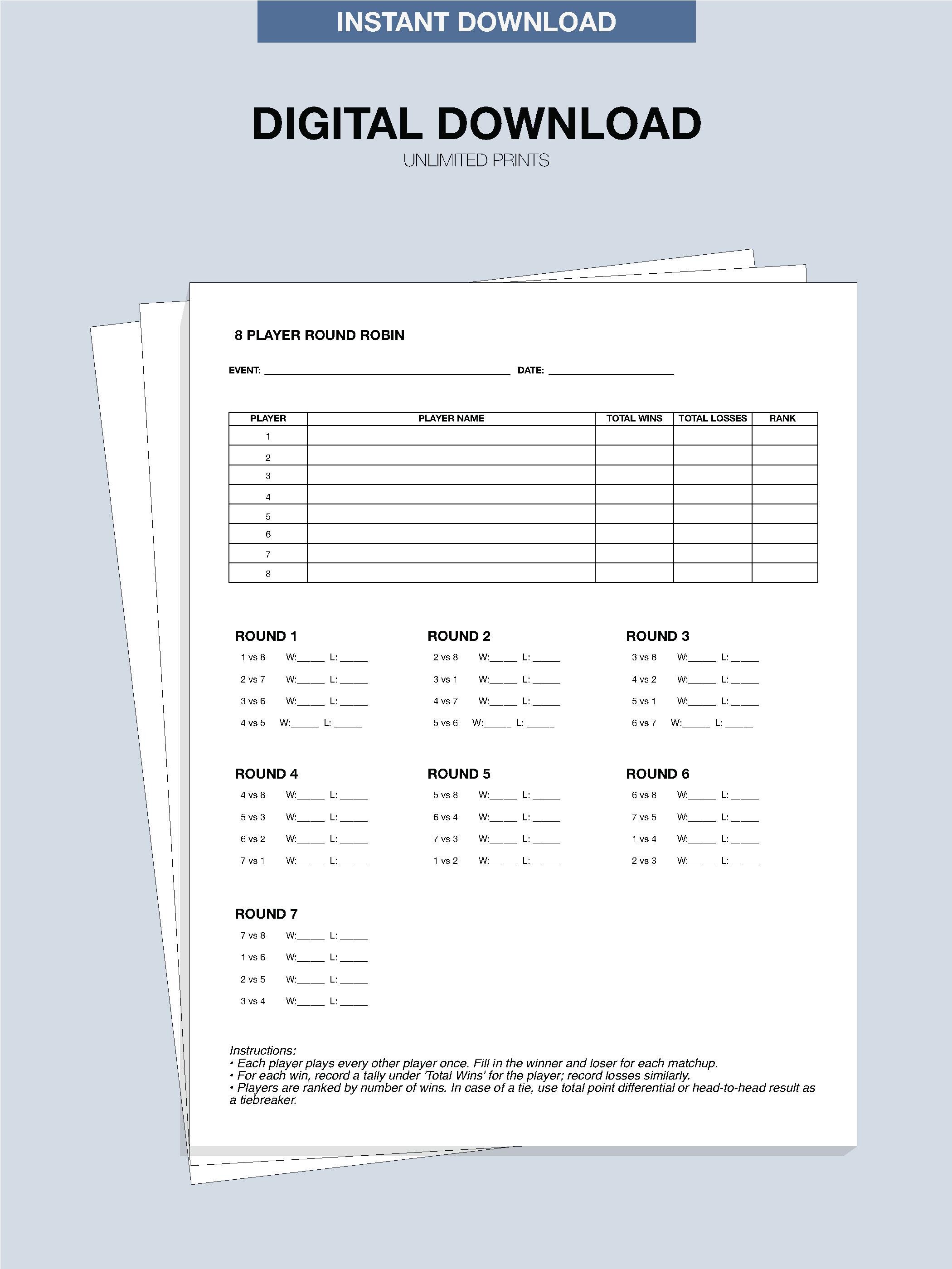 Round Robin Score Sheet Bundle, Printable (instant Download) 6-8 Teams ...