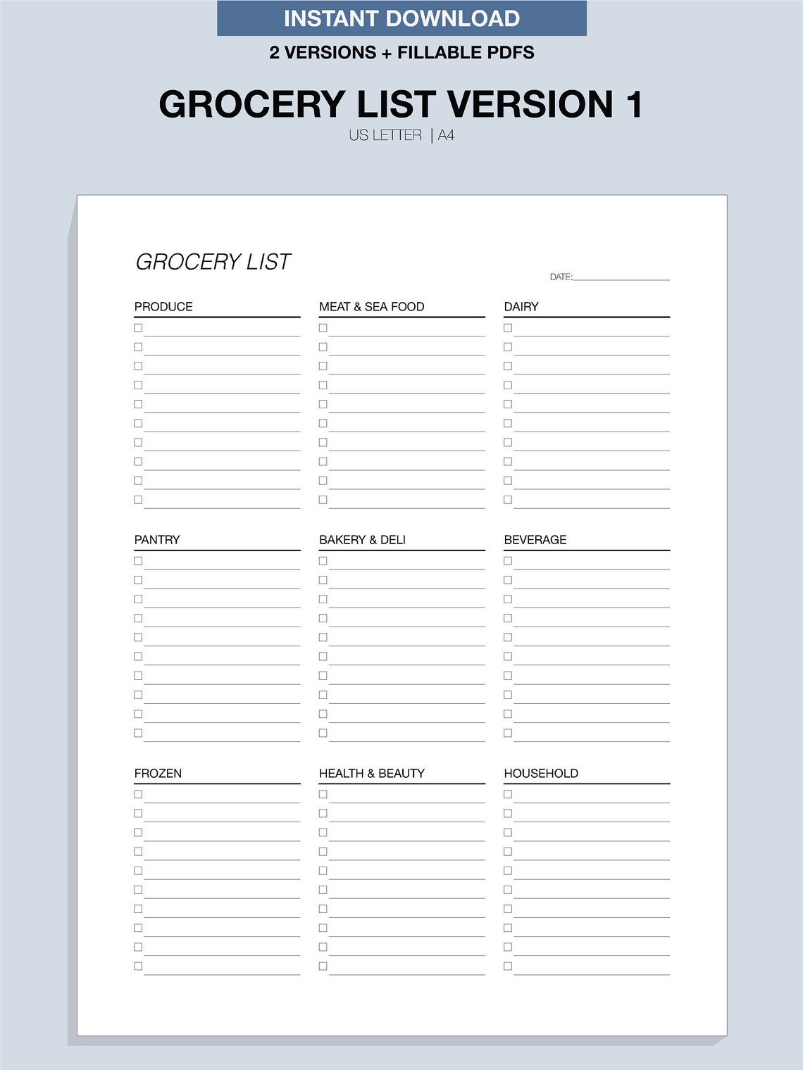 Grocery List Printable + Fillable Template, Grocery Planner, A4 and US ...
