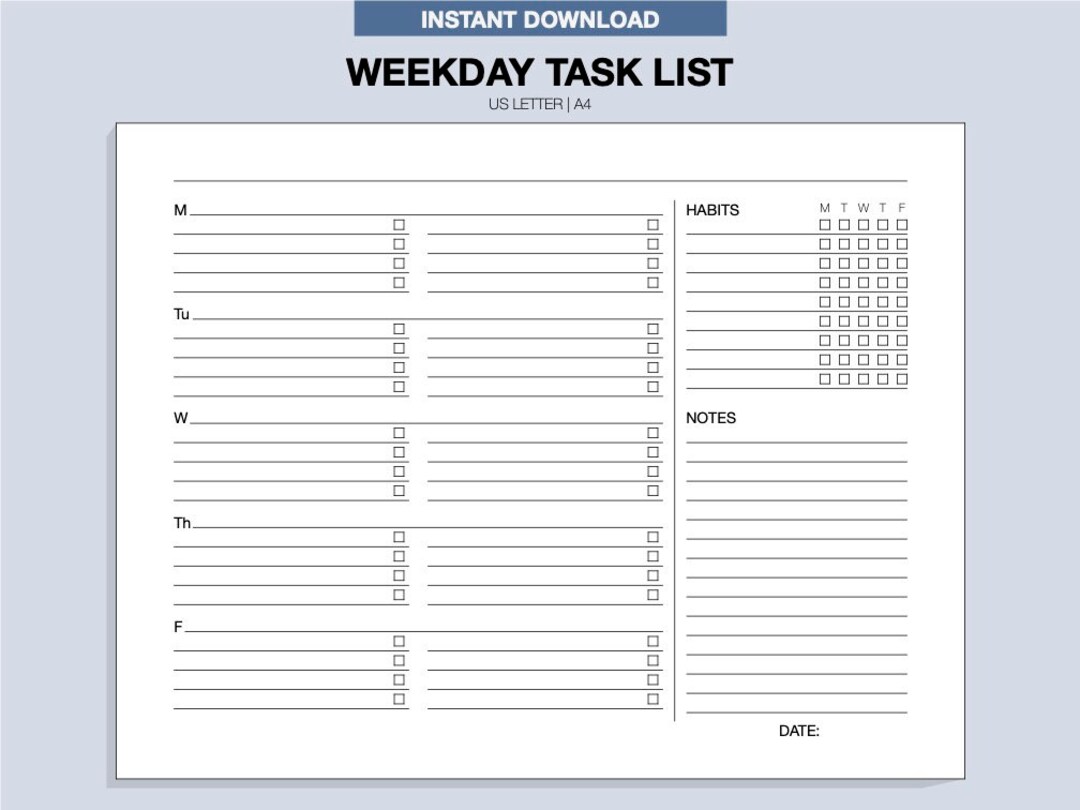 Printable Weekday Task List Planner for Organized Productivity ...