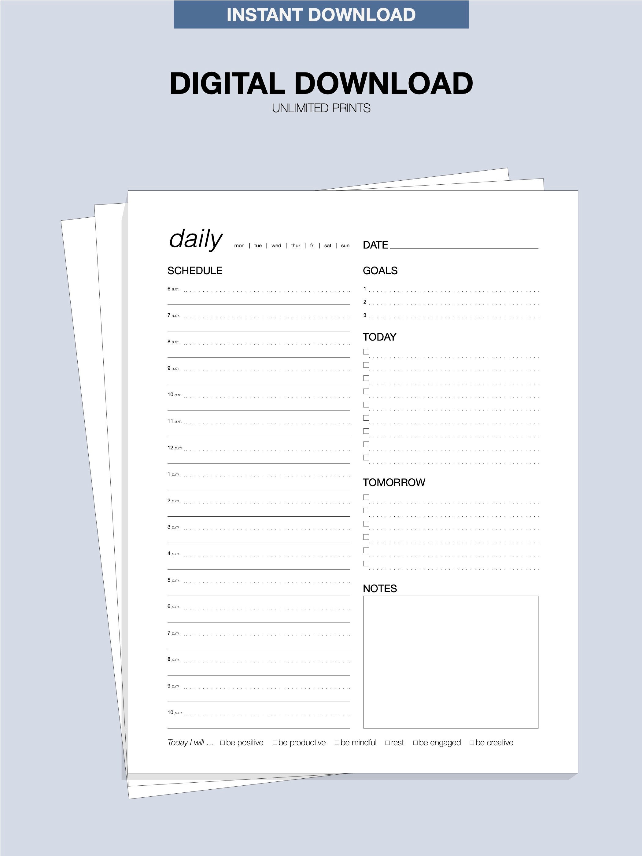 Daily Planner Printable With AM/PM Time, US Letter and A4, Minimalist ...