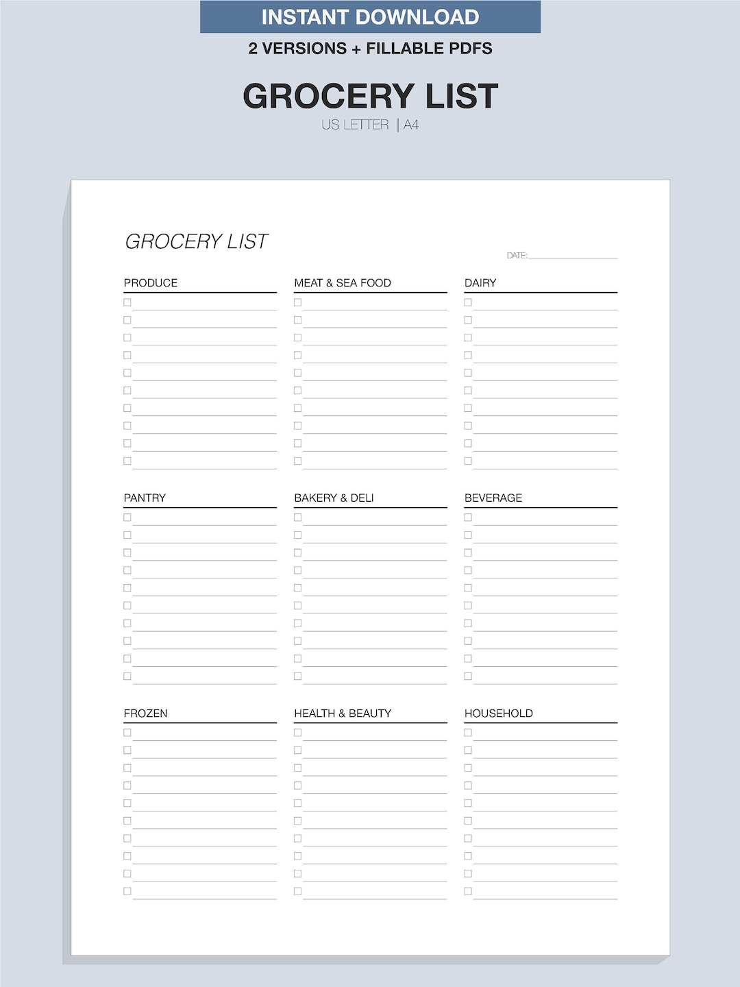 Grocery List Printable + Fillable Template, Grocery Planner, A4 and US ...