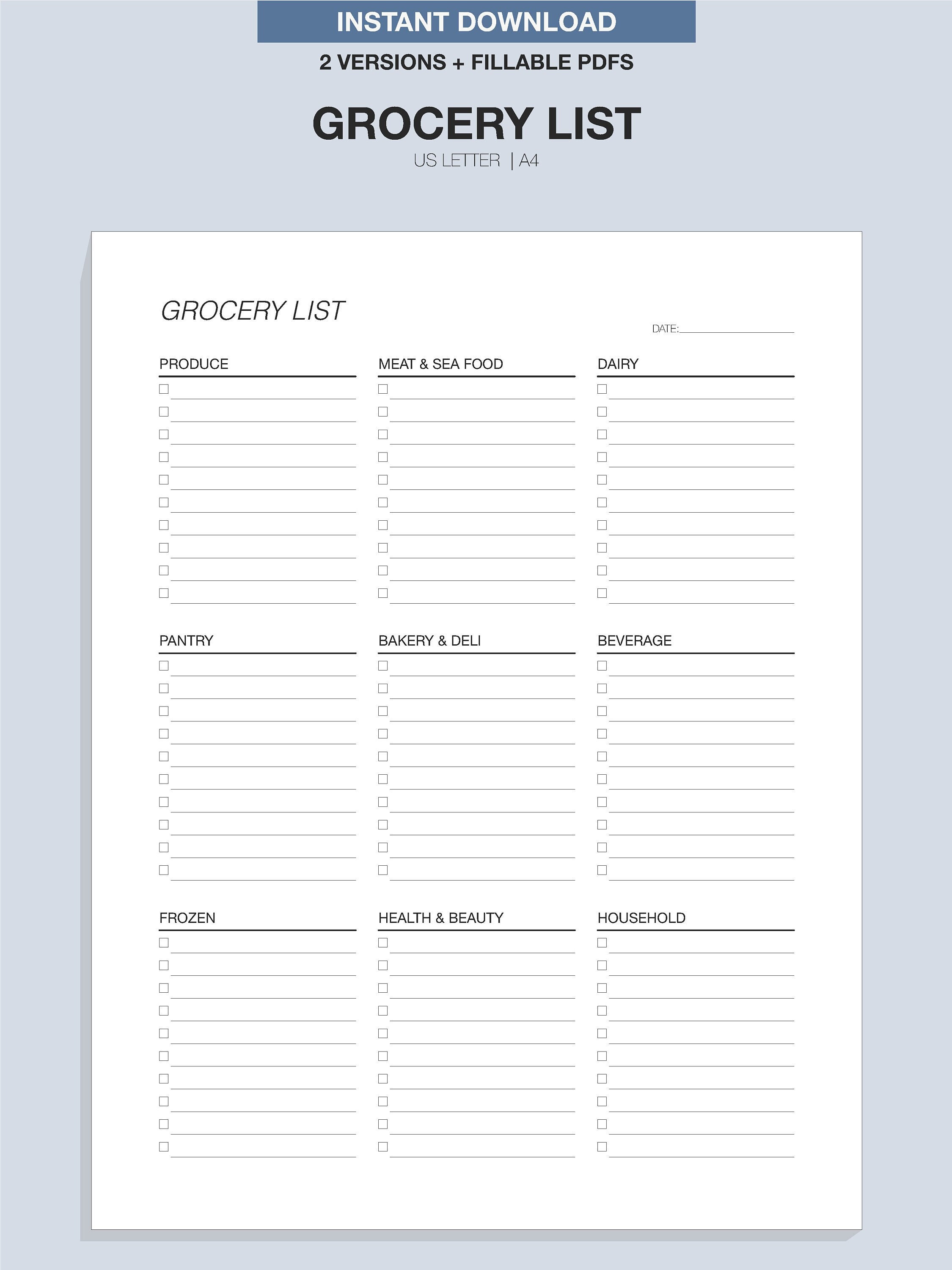 Grocery List Printable + Fillable Template, Grocery Planner, A4 and US ...