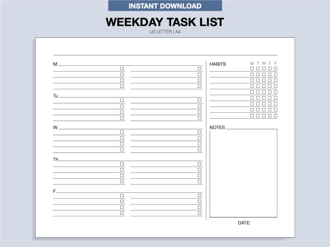 Printable Weekday Task List Planner for Organized Productivity ...