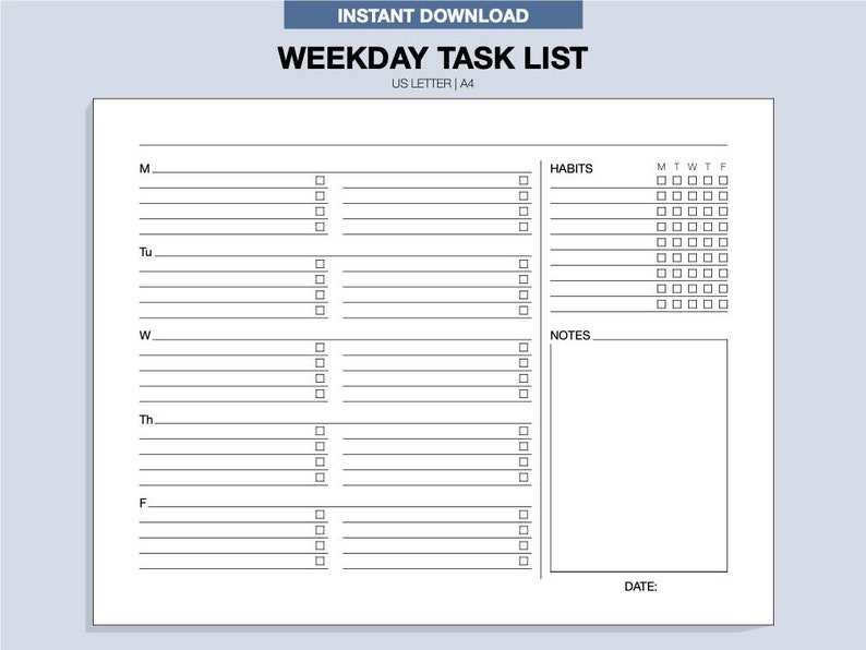 Printable Weekday Task List Planner for Organized Productivity ...