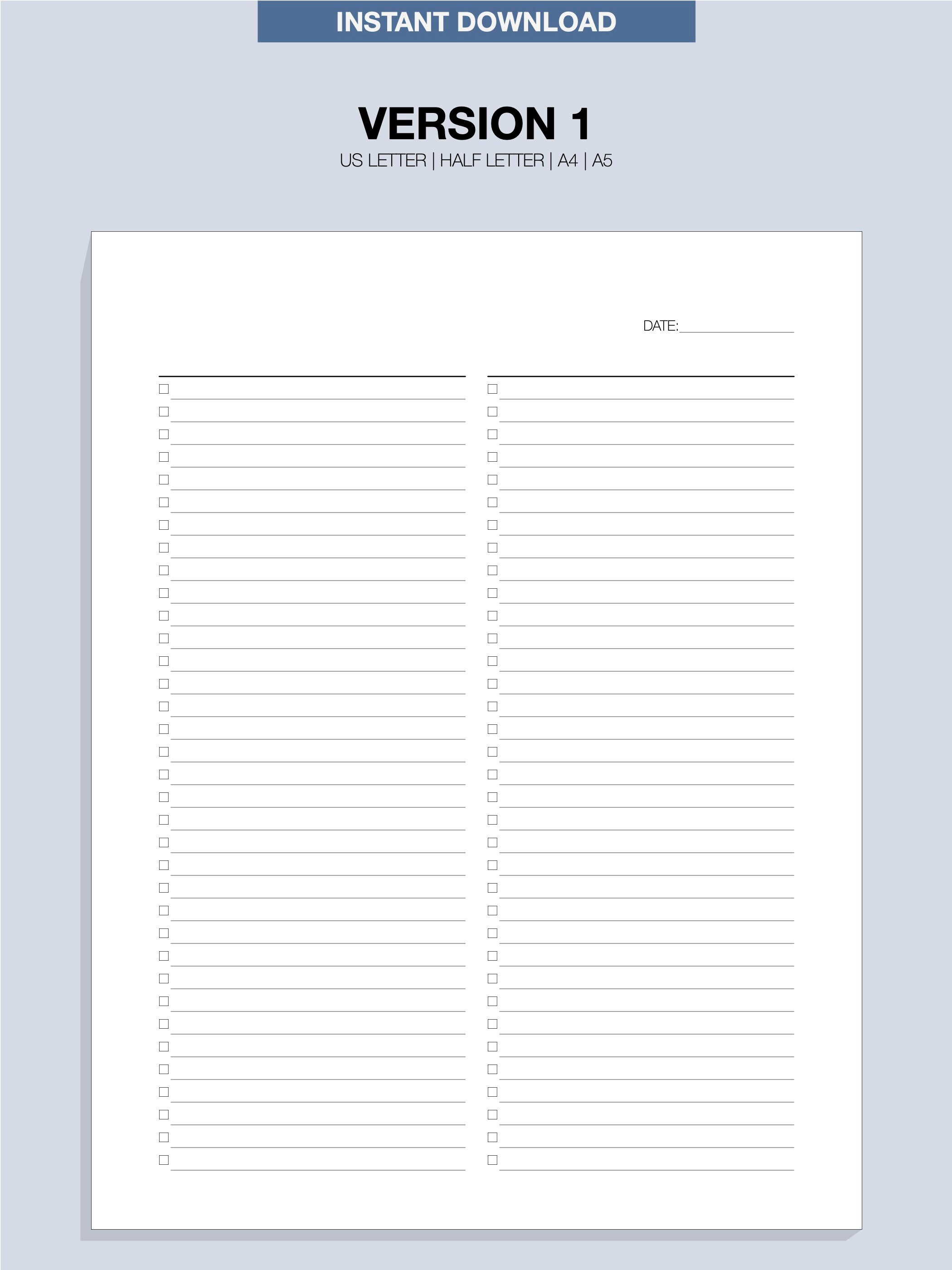 Blank Checklist Template Printable, A4/a5/letter/half, Instant Download ...