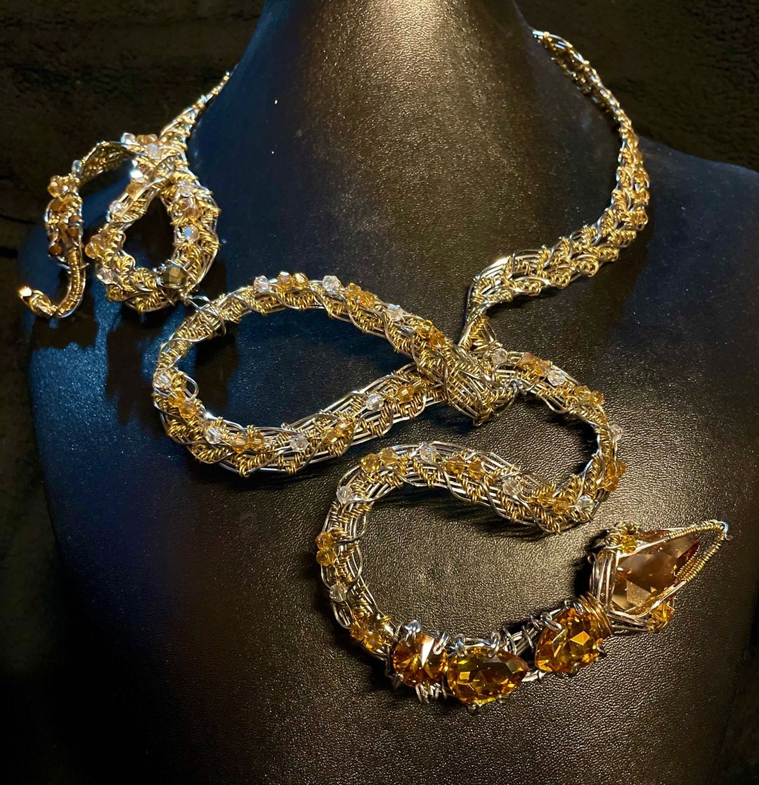 Brass & Stainless Steel Swarovski Crystal Golden Python Snake Serpent Wire Weave Wrap Choker ...
