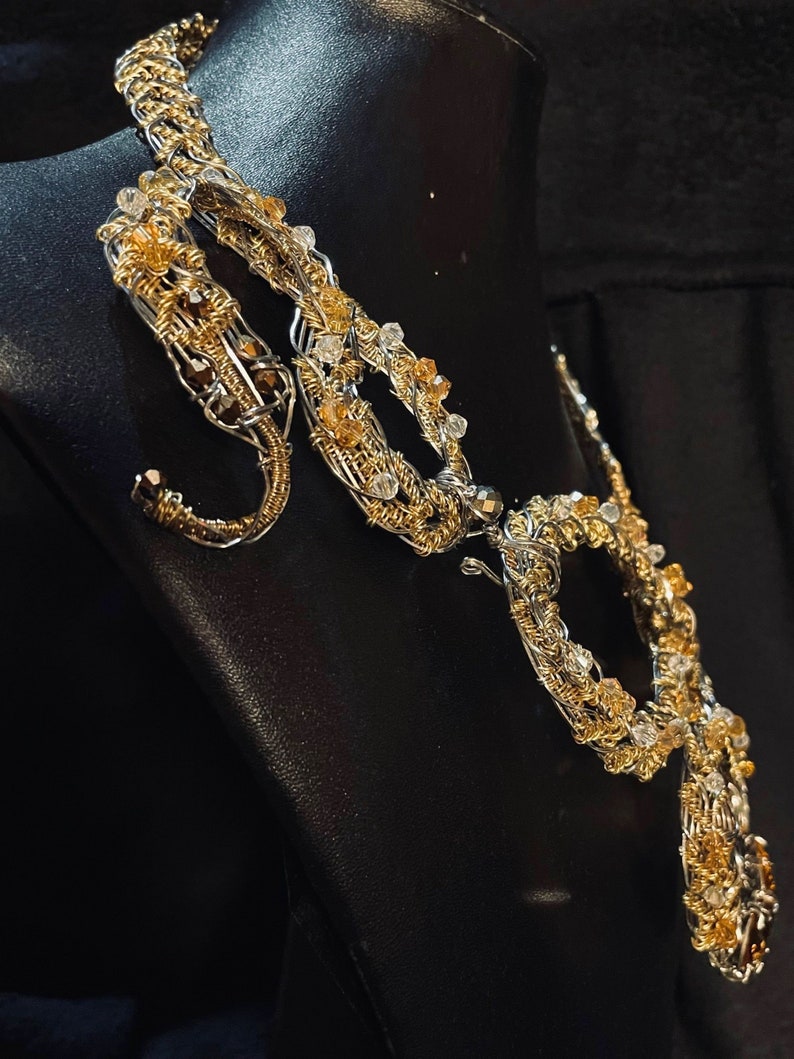 Brass & Stainless Steel Swarovski Crystal Golden Python Snake Serpent Wire Weave Wrap Choker ...