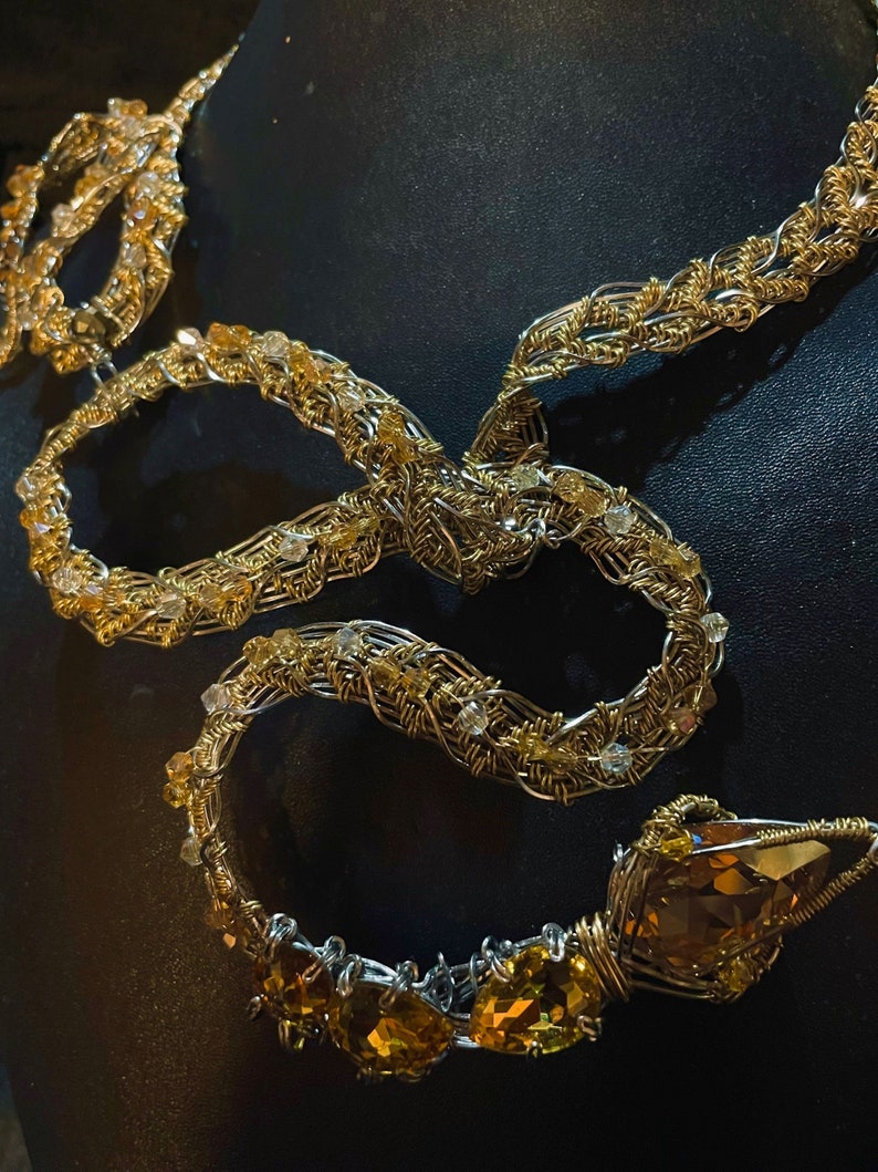 Brass & Stainless Steel Swarovski Crystal Golden Python Snake Serpent Wire Weave Wrap Choker ...