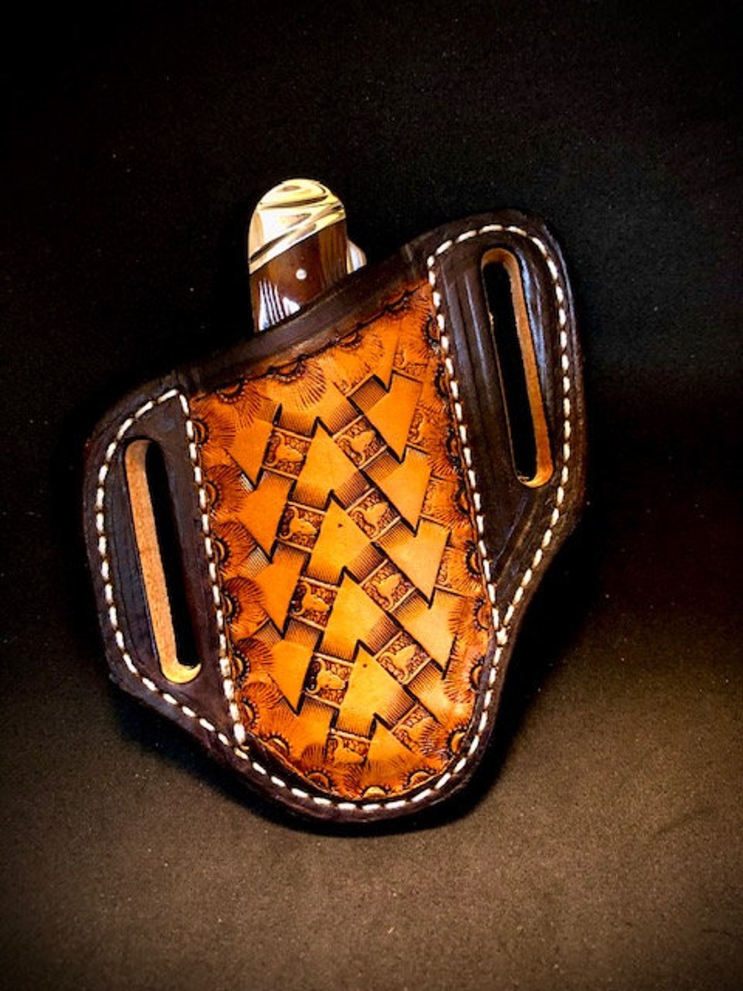 Emaculate Hand Tooled Arrowhead Basket Weave Trapper Sheath With Steer Head Tooling - Etsy