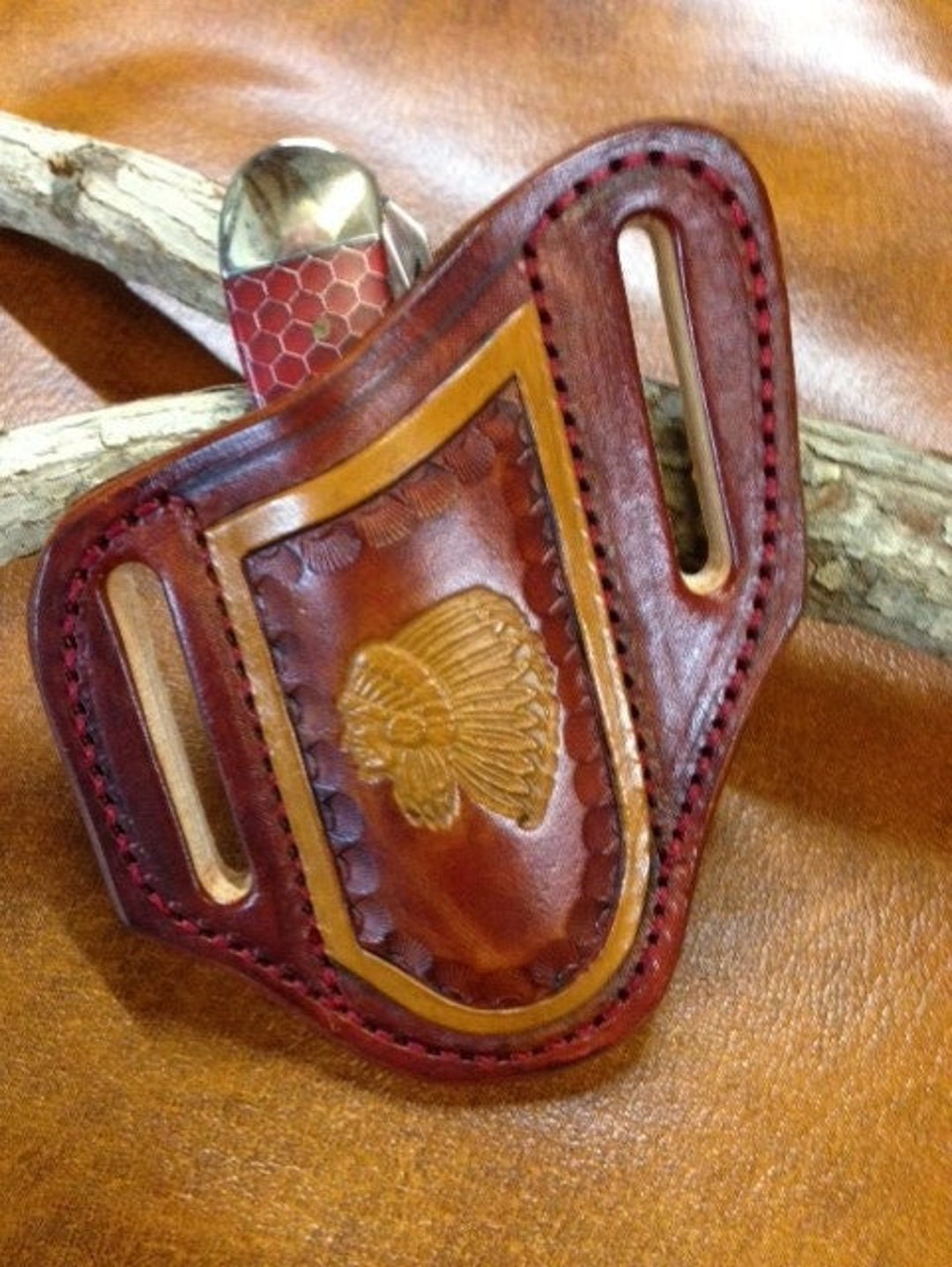 Hand Tooled Indian Chief Slotted Belt Sheath for Trapper & Stockman ...