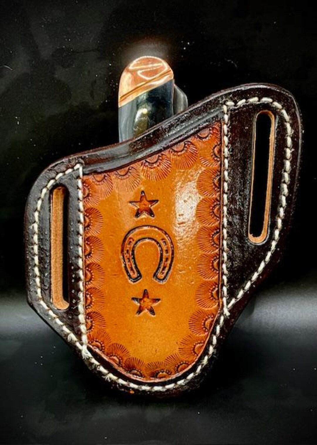 Hand Tooled Texas Star and Horse Shoes Trapper Style Knife Sheath for ...