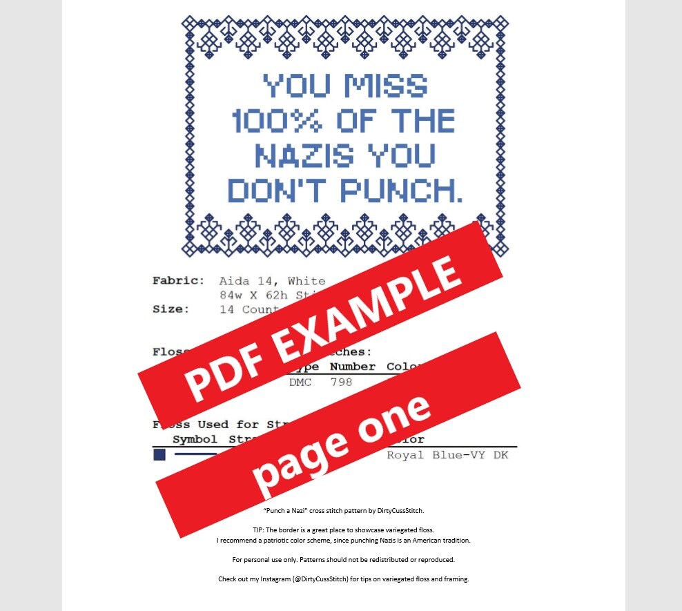 Punch a Nazi Cross Stitch PDF Pattern | Etsy