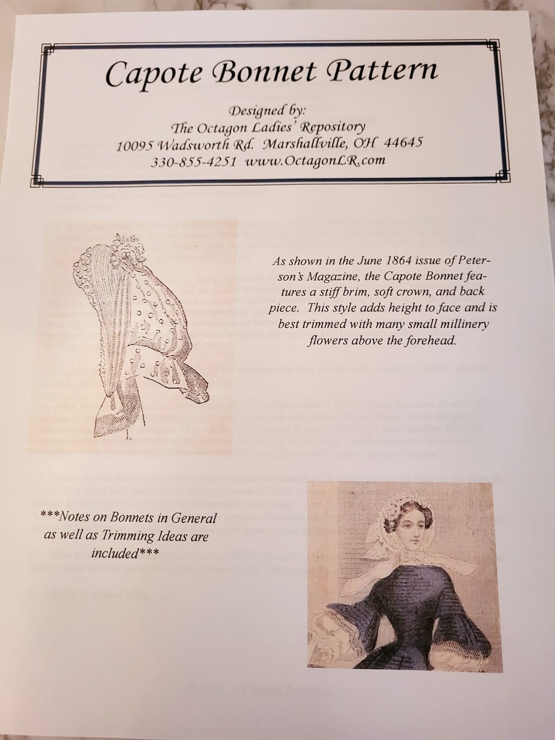 Civil War 1850s 1860s Capote Bonnet Sewing Pattern 19th Century Attire ...