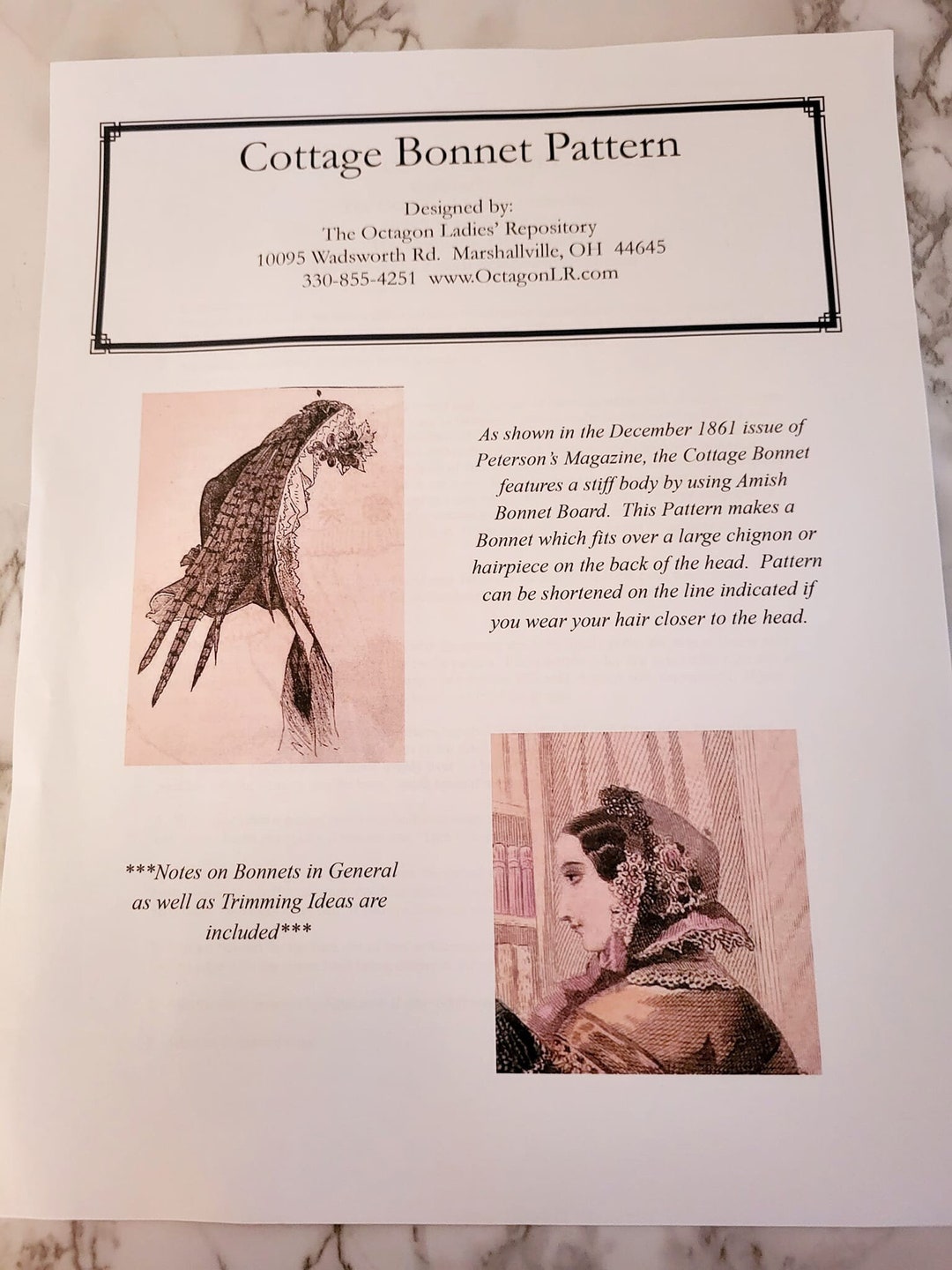 Civil War 1850s 1860s Cottage Bonnet Sewing Pattern 19th Century Attire ...