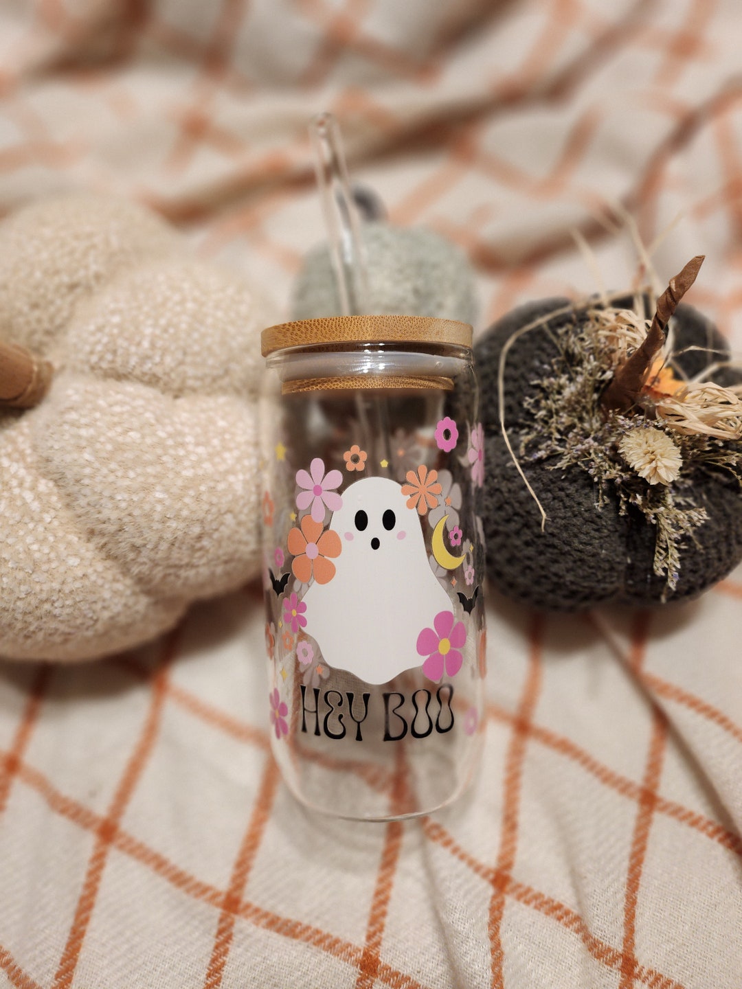 16 Oz Glass Hey Boo Cup With Bamboo Lid and Glass Straw - Etsy