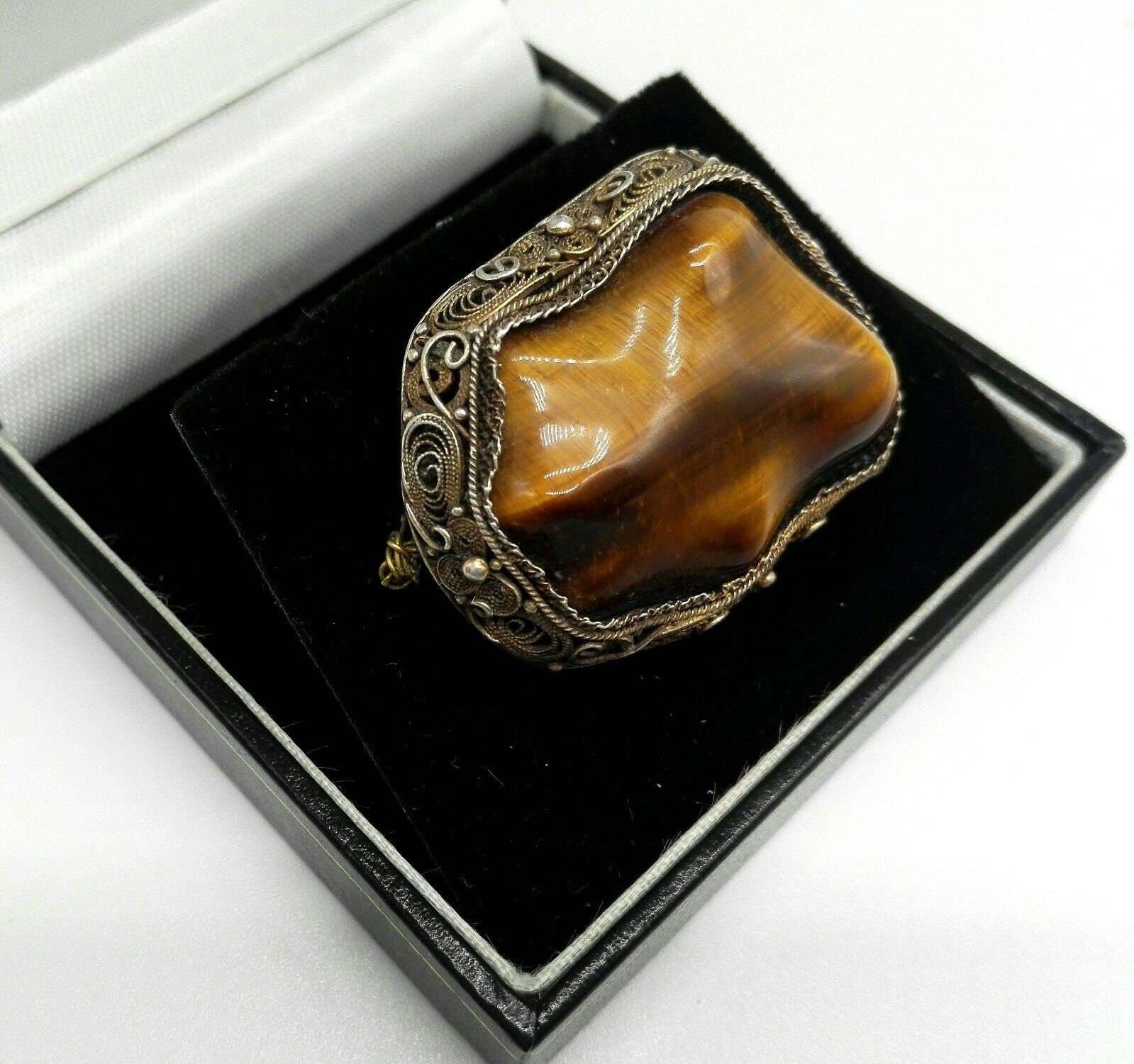 Large Victorian Silver Filigree Framed Polished Tiger's Eye Sample ...