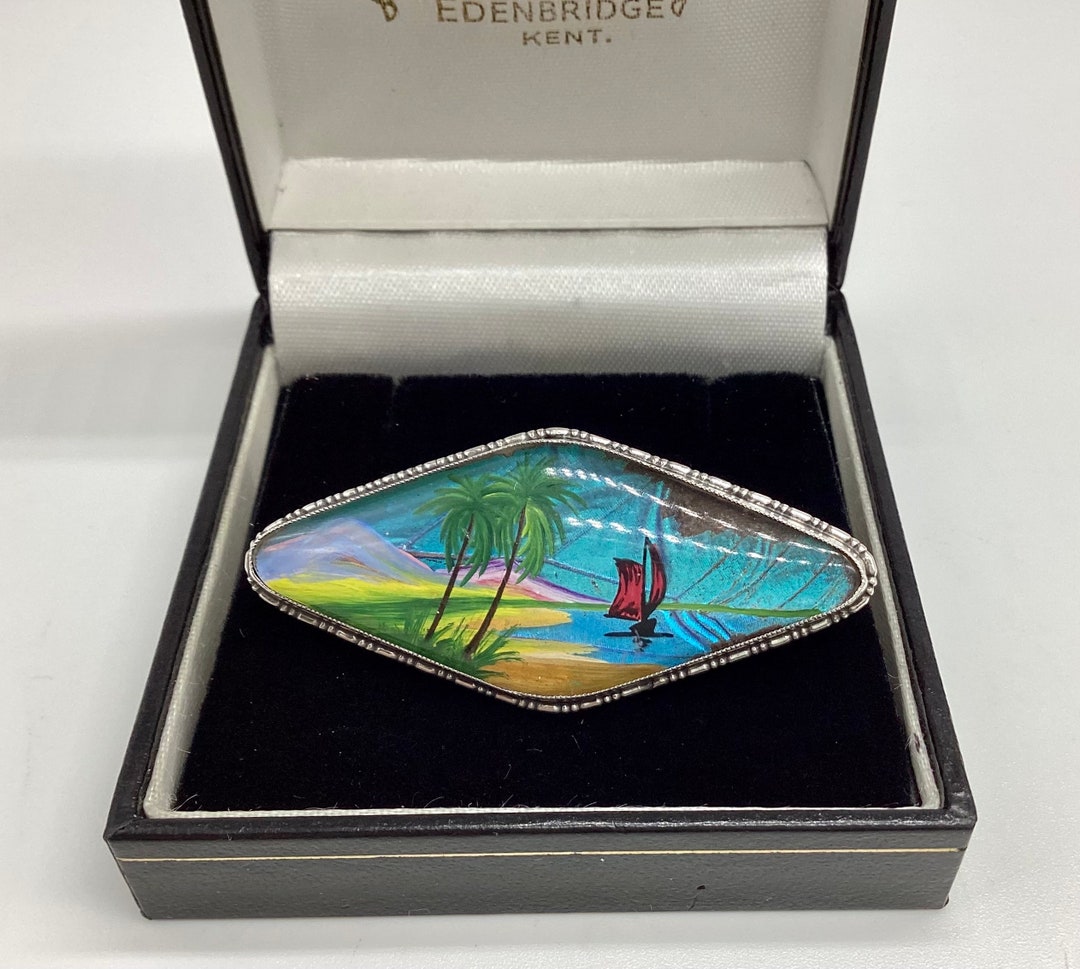 T L Mott Brooch Butterfly Wing Sterling Silver Large Tropical Scene ...
