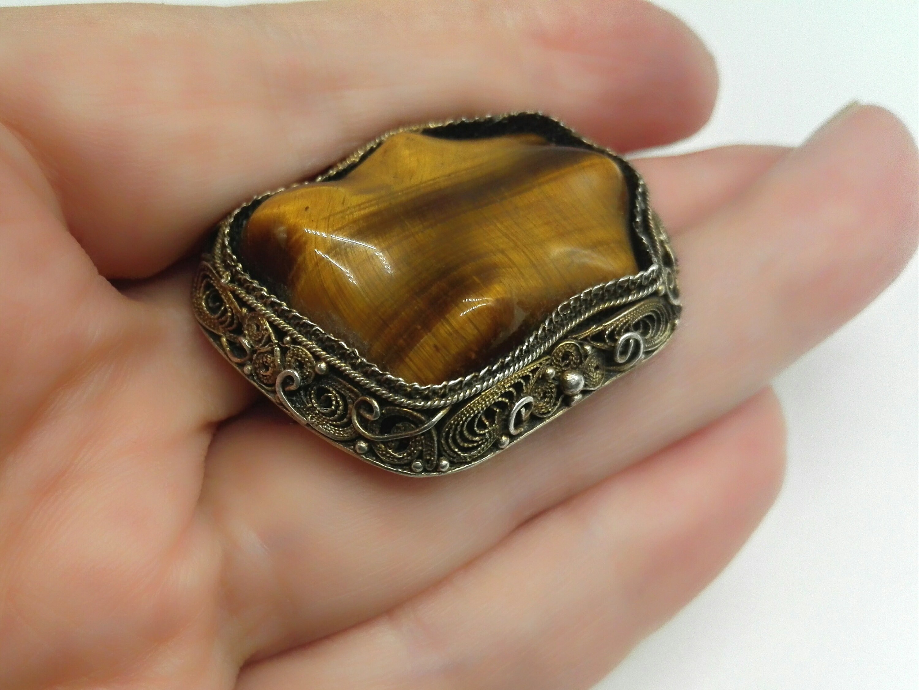 Large Victorian Silver Filigree Framed Polished Tiger's Eye Sample ...