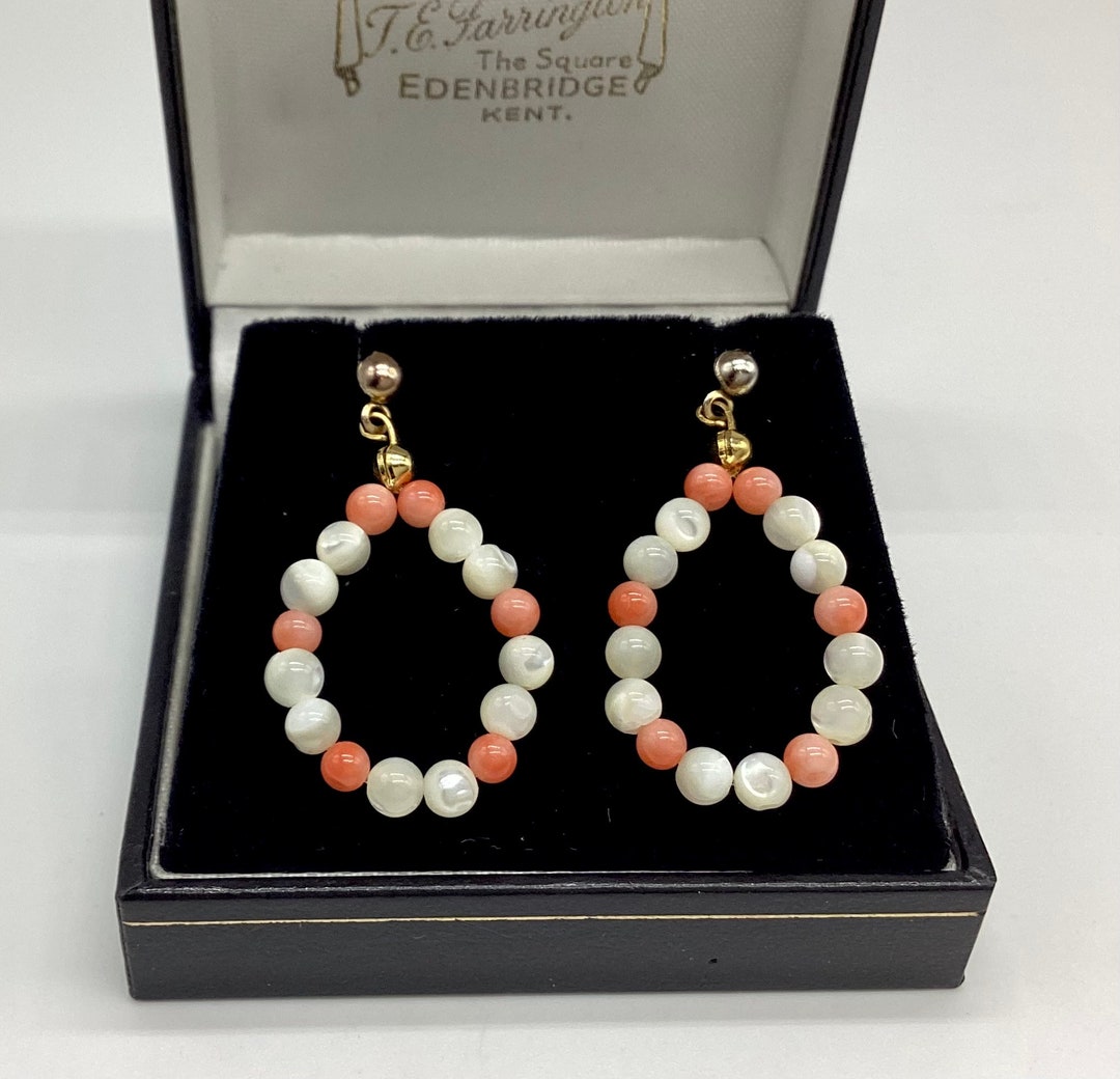 Fabulous Fifties Angel Skin Coral and Pearl Bead Hoop Earrings Dangle ...