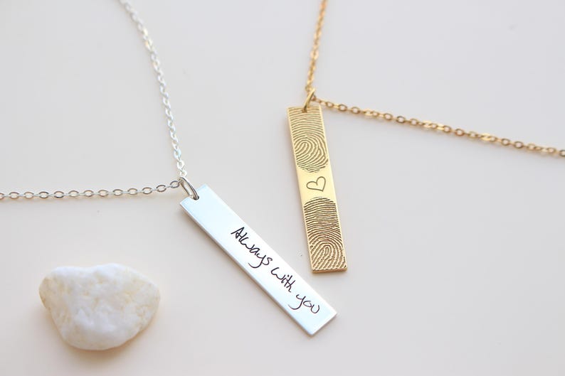 Engraved Dual Fingerprint Sterling Silver Bar Necklace: Personalized ...