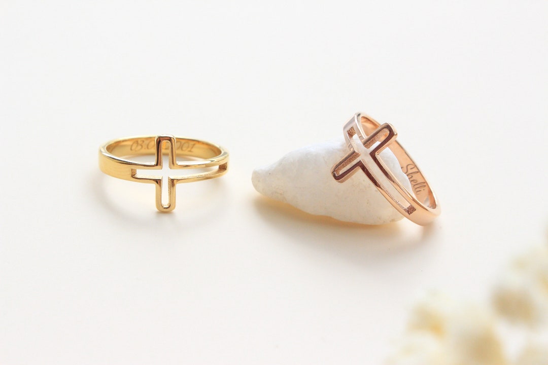 Sideways Cross Ring With Personalized Band - Cross Sterling Silver Ring ...