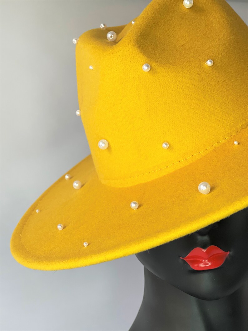 Pearl Fedora Hat Wide Brim Straw Hat Yellow Womens Hats Fedora Etsy