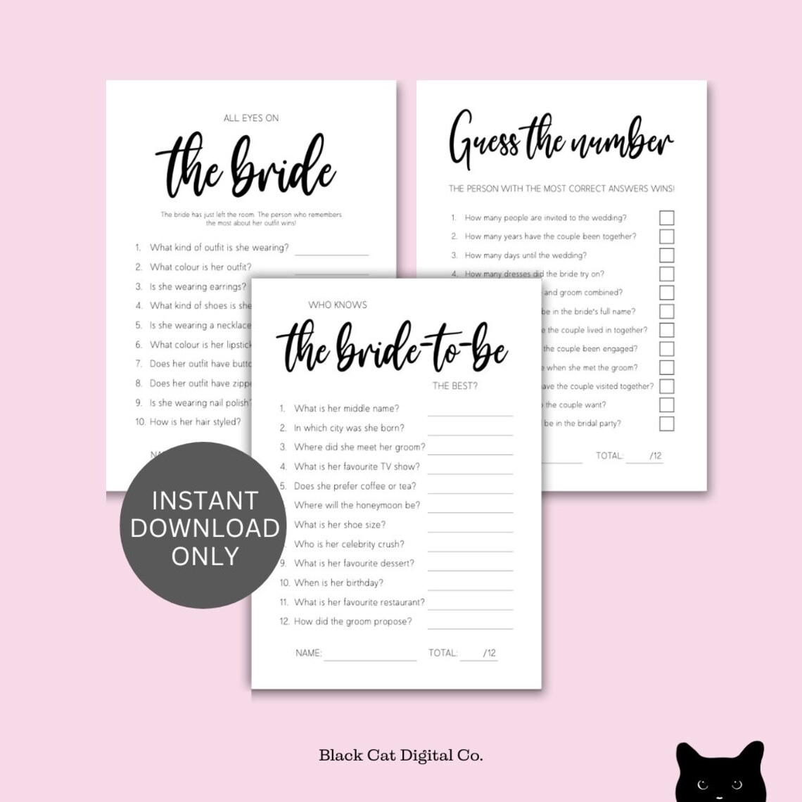 12 Printable Bridal Shower Games Instant Digital Download Minimal Black ...