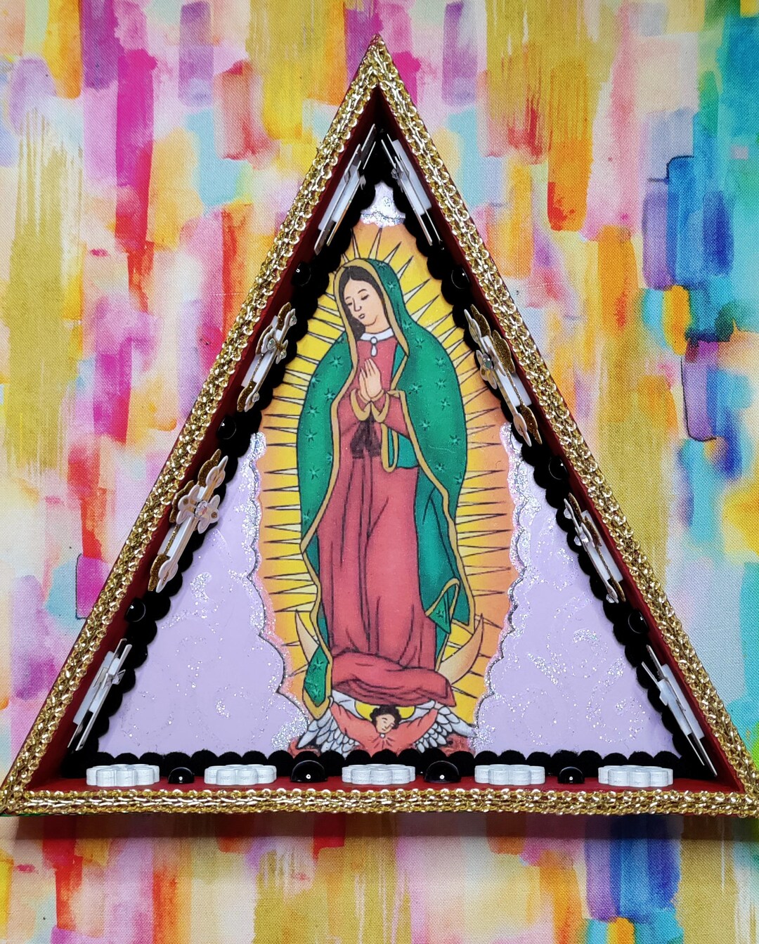 Virgen De Guadalupe Triangle Shadow Box Mixed Media - Red Green ...