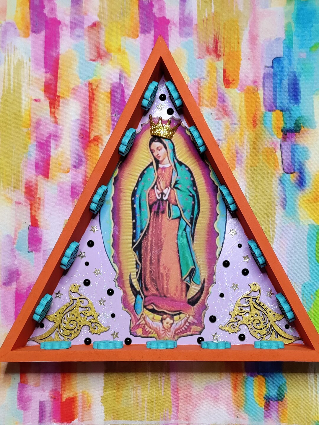 Virgen De Guadalupe Triangle Shadow Box Mixed Media - Orange Turquoise ...