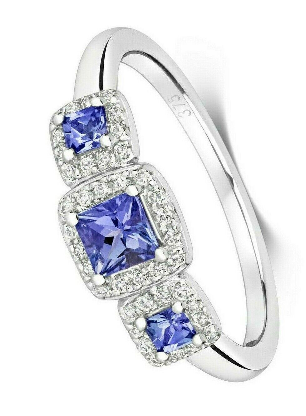 9ct White Gold Tanzanite and Diamond Ring Three Stone Square Cluster ...