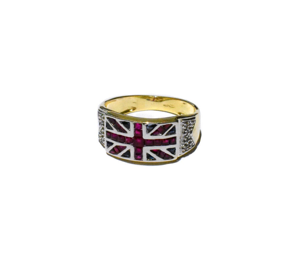 Diamond Union Jack Ring British Flag Ruby Sapphire Solid 9K Gold Men's ...