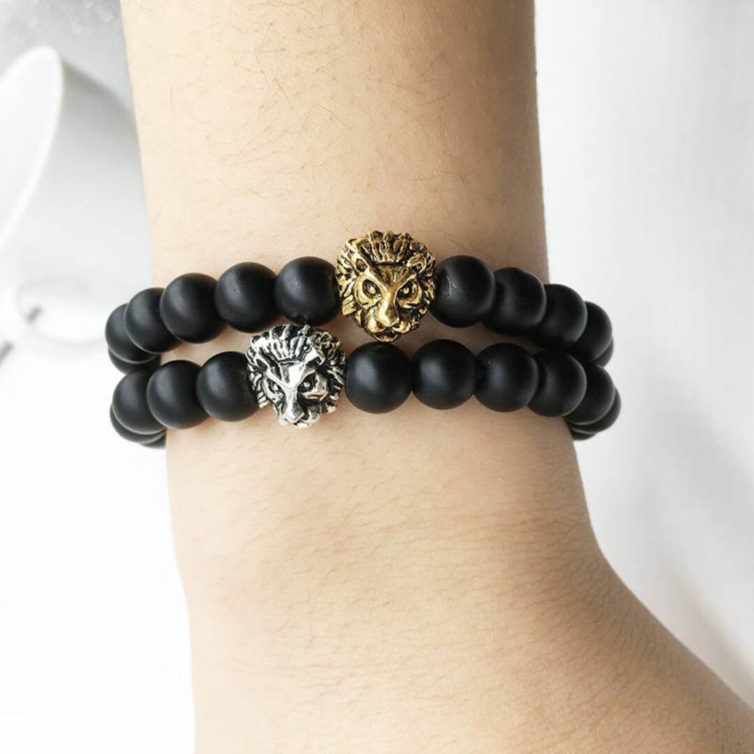 King James Lebron Lion Head Bracelet Black Lava Stone Beaded Bracelets ...