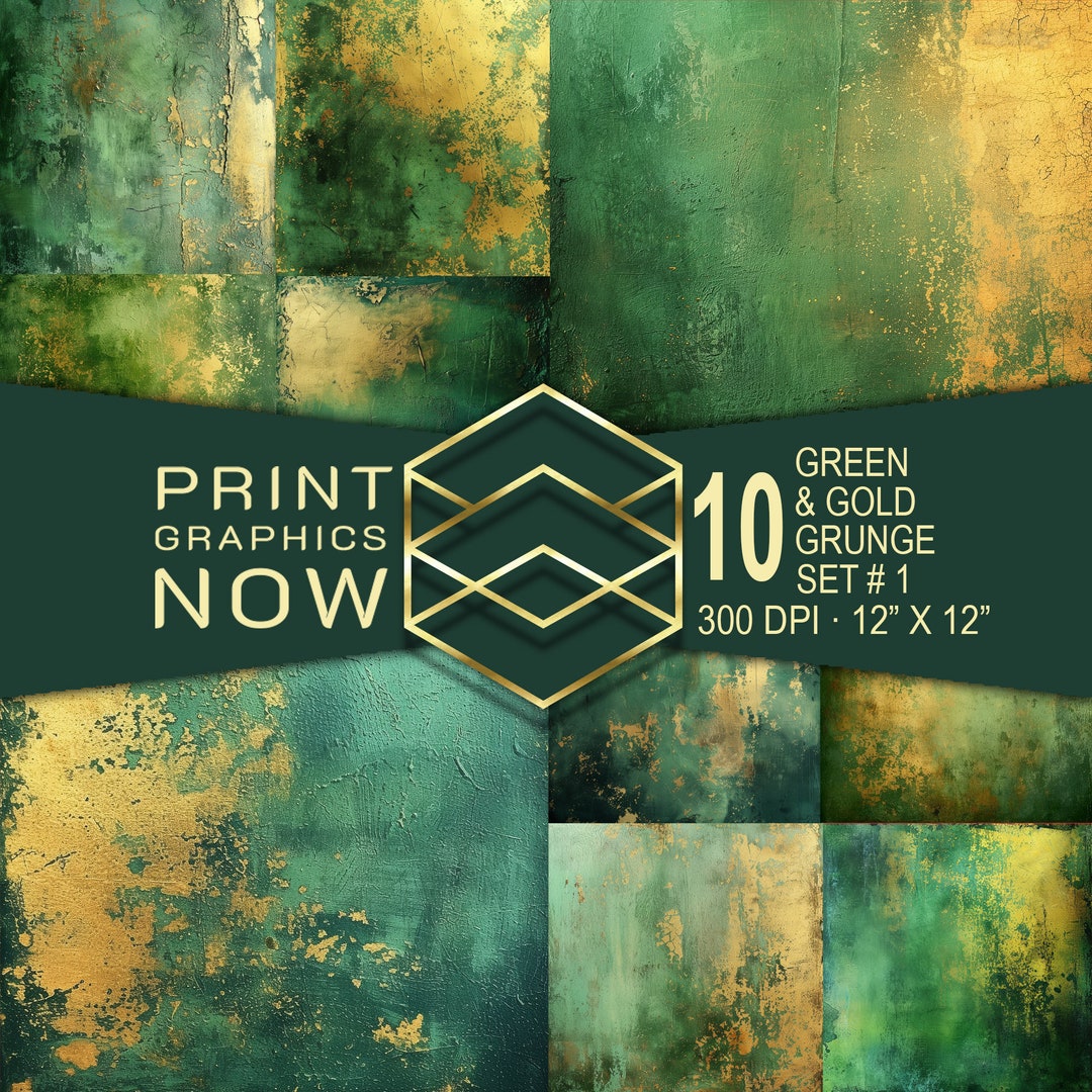 Gold and Green Grunge Paint Digital Paper, Shades of Green and Gold ...