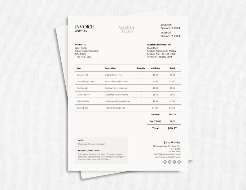 CANVA | Wesley Minimalist Invoice + Quote Template, Editable, Digital ...