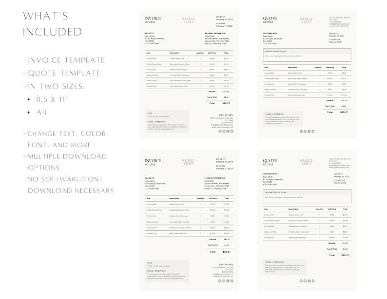 CANVA | Wesley Minimalist Invoice + Quote Template, Editable, Digital ...