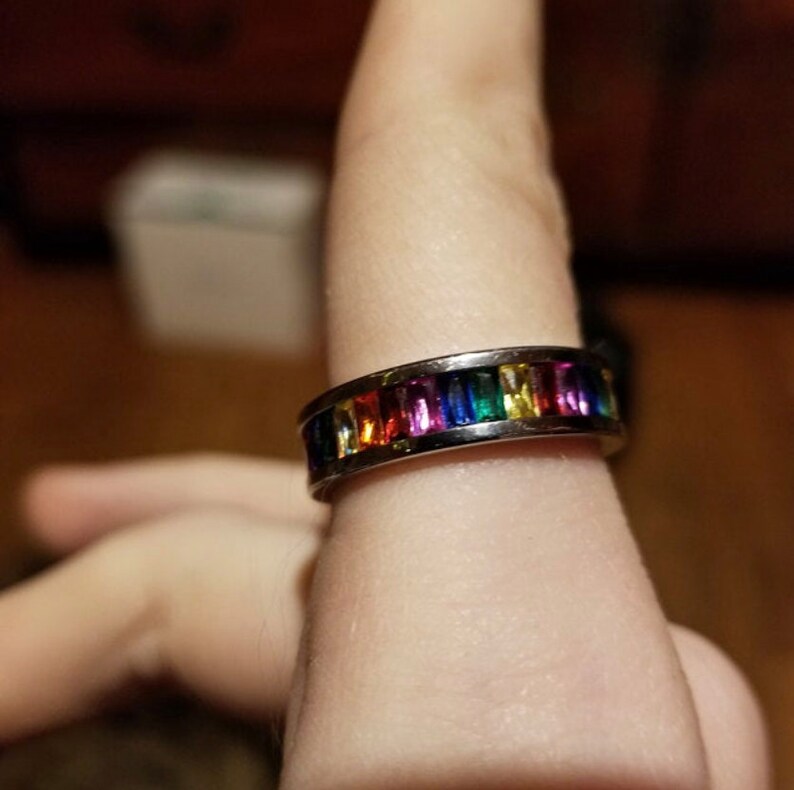 Rainbow Gem Stainless Steel Ring Etsy