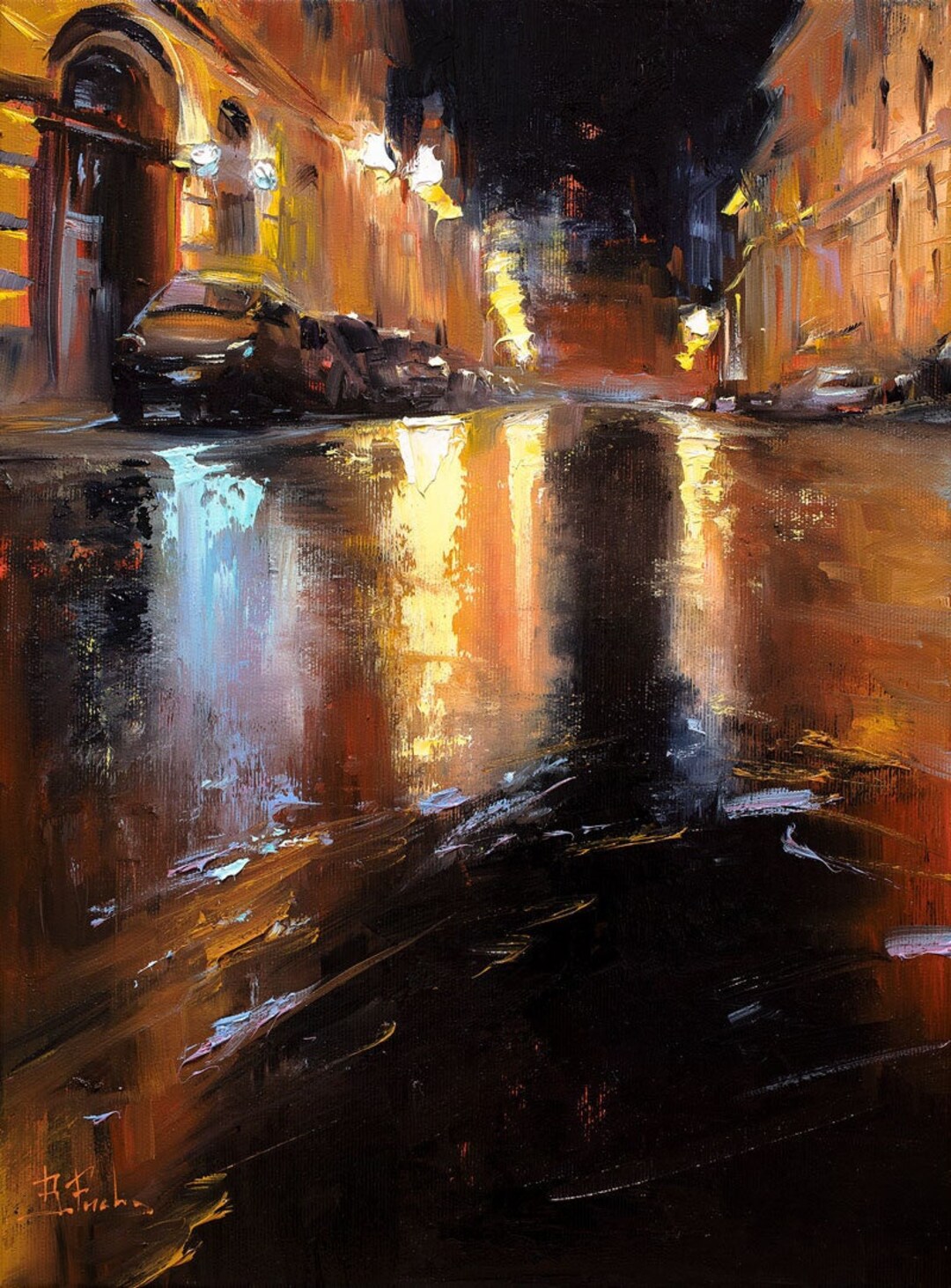 Night City Street After the Rain Cityscape Painting Original - Etsy