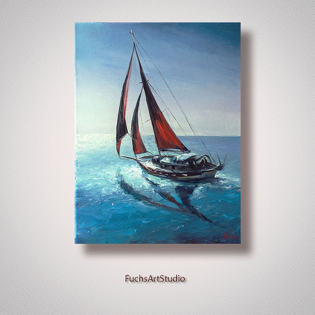 Red Sails Ship Sailing Sea Painting Sunrise - Etsy