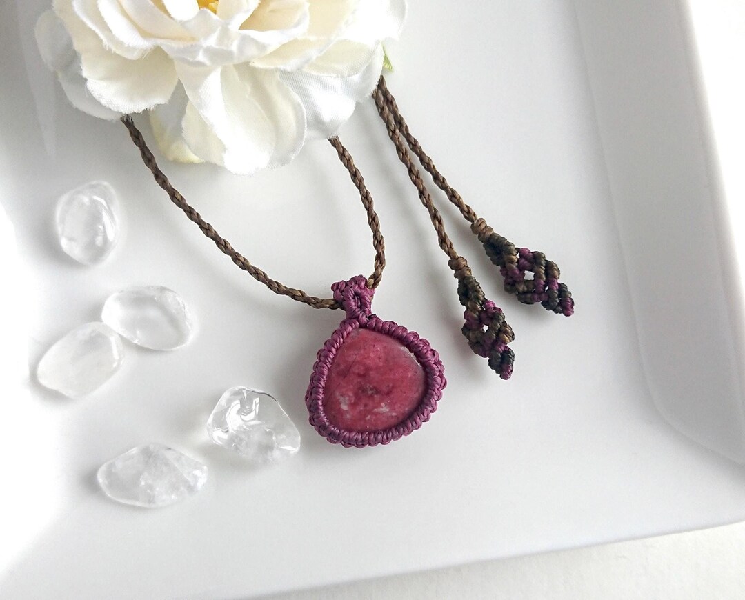 MINI NECKLACE Thulite Cabochon Macrame Adjustable Necklace, Dark Cherry ...