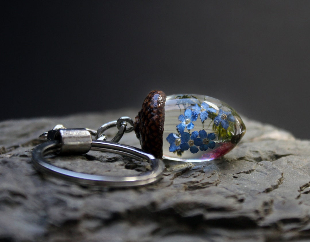Acorn Keychain Real Forget Me Not Flowers Moss Resin, Forget Me Not ...