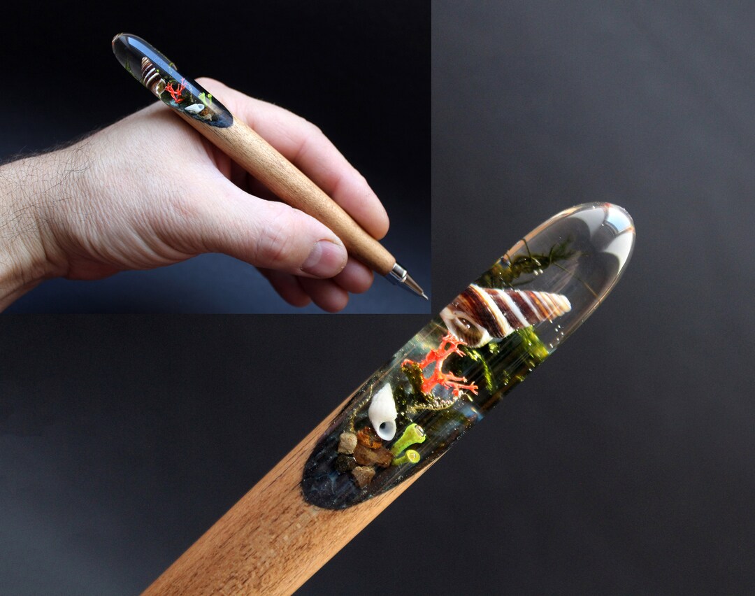Wooden Pen Seashell Ocean Mermaid Underwater Wood Resin Pens Green Blue ...