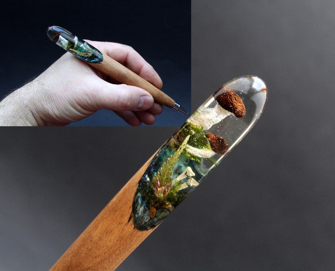Mushroom Painted. Wooden Pen Real Moss Tree Art Resin Pens Mushroom ...