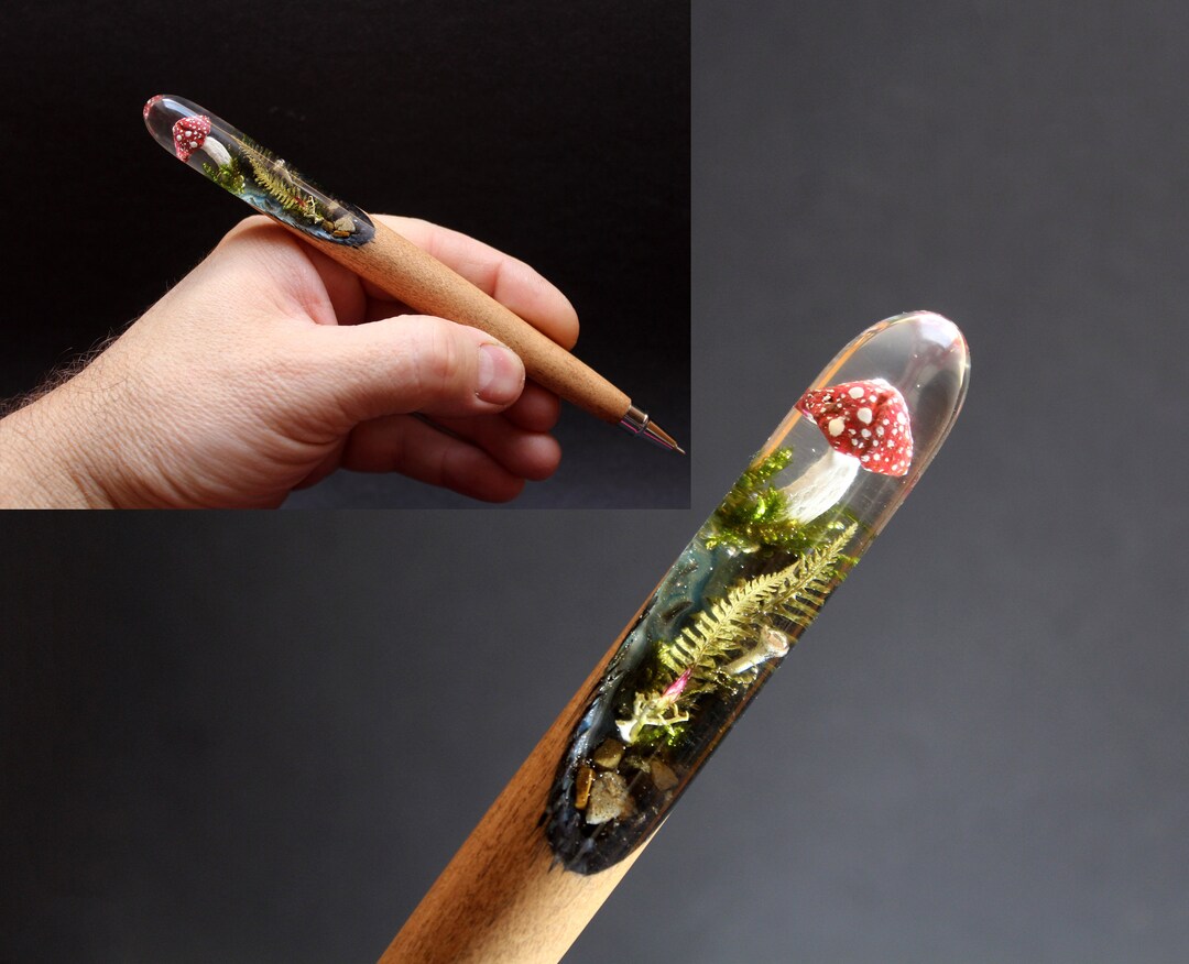 Mushroom Painted. Wooden Pen Real Moss Tree Art Resin Pens Mushroom ...