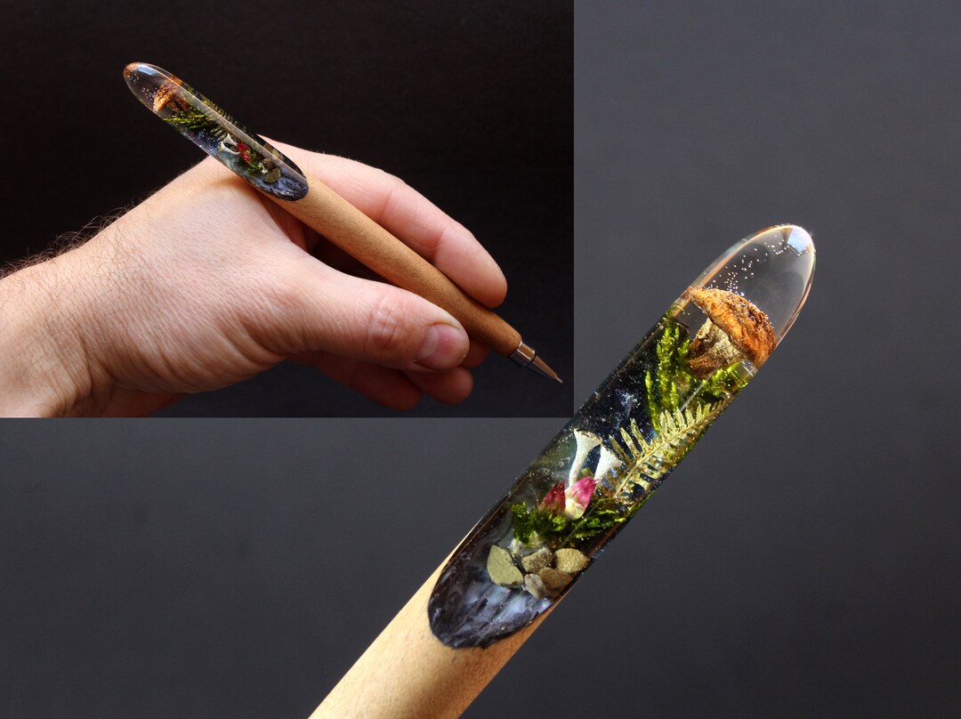 Wooden Pen Mushroom Real Floral Moss Wood Resin Pens Ballpoint ...