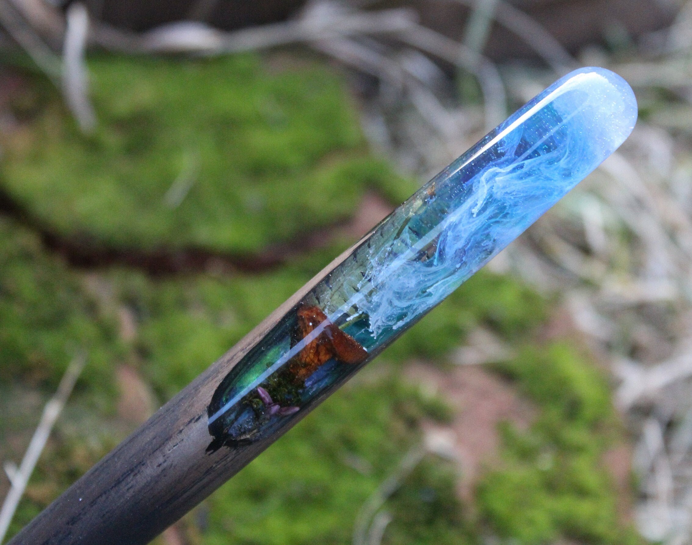 Wood Hair Stick Magic wand Real Mushroom Fern Floral Resin | Etsy