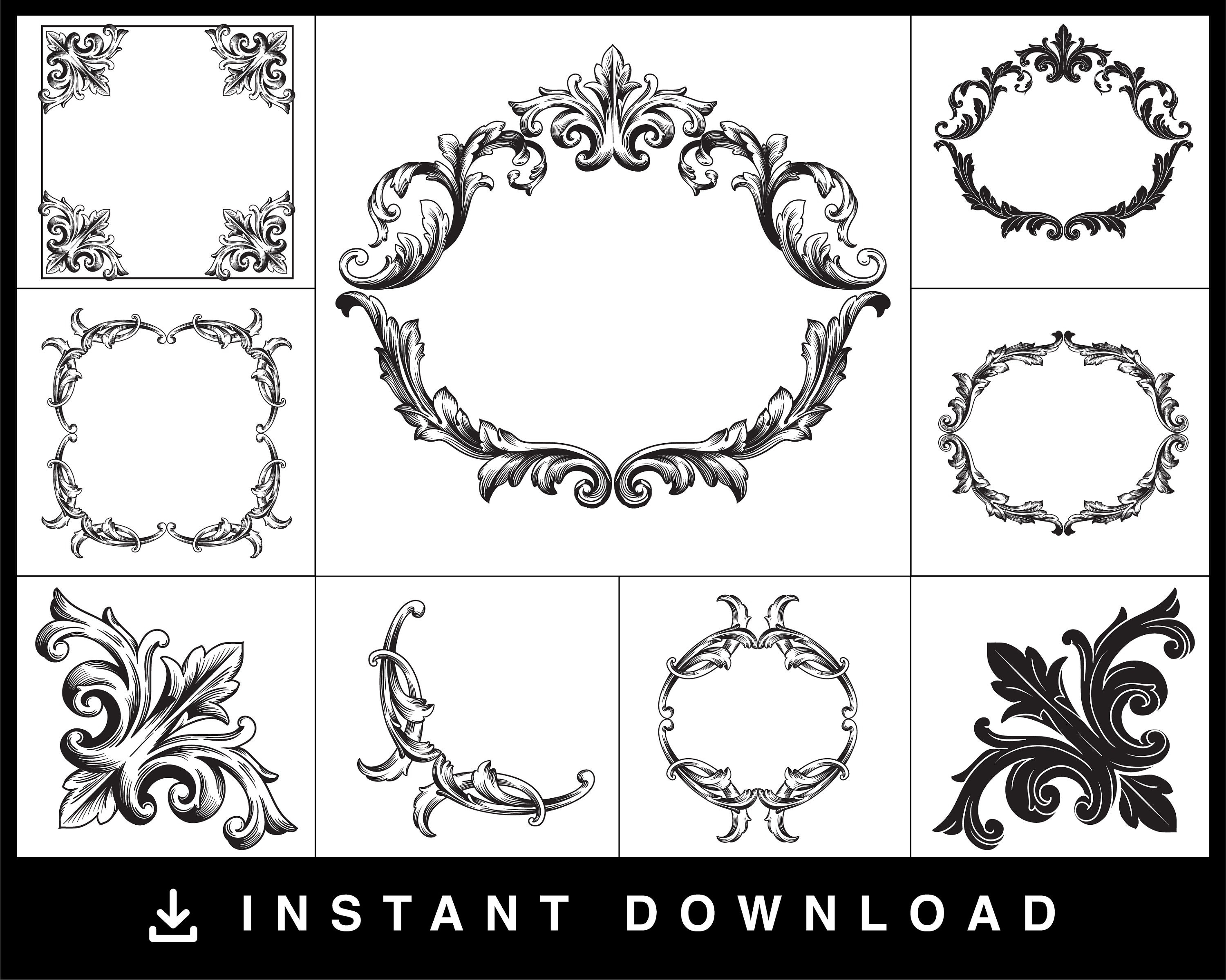 Damask Clip Art, Frame Svg, Scroll Clipart, Frame Swirl, Silhouette ...