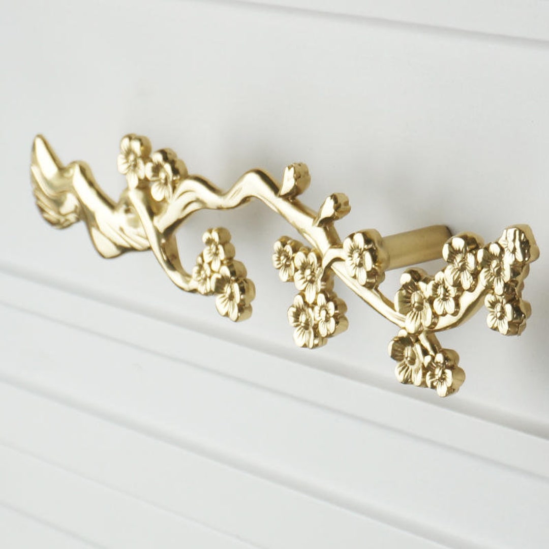Flower Knob Solid Brass Knob Branch Cabinet Pulls Drawer Knob Dresser Pull Knobs Handles Kitchen ...